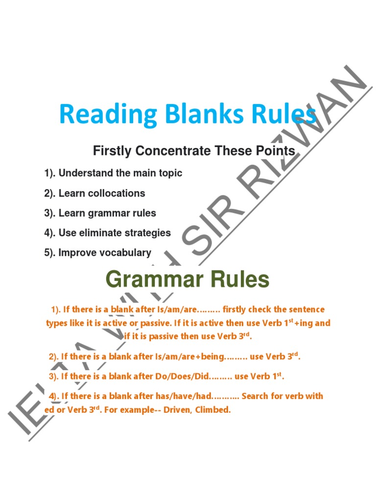 Reading Blanks Rules, Reorder & MCQ Rules For 90 Marks | Download Free PDF | Noun | Verb