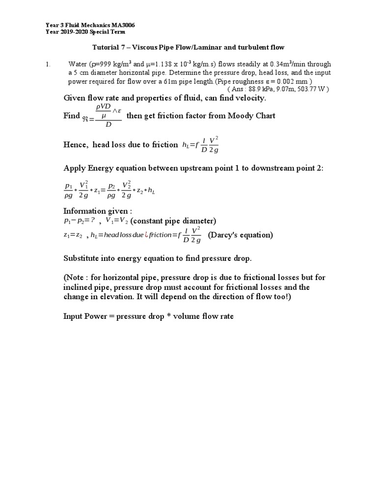 Viscous Pipe Flow Tutorial MA3006 | PDF | Fluid Dynamics | Dynamics (Mechanics)