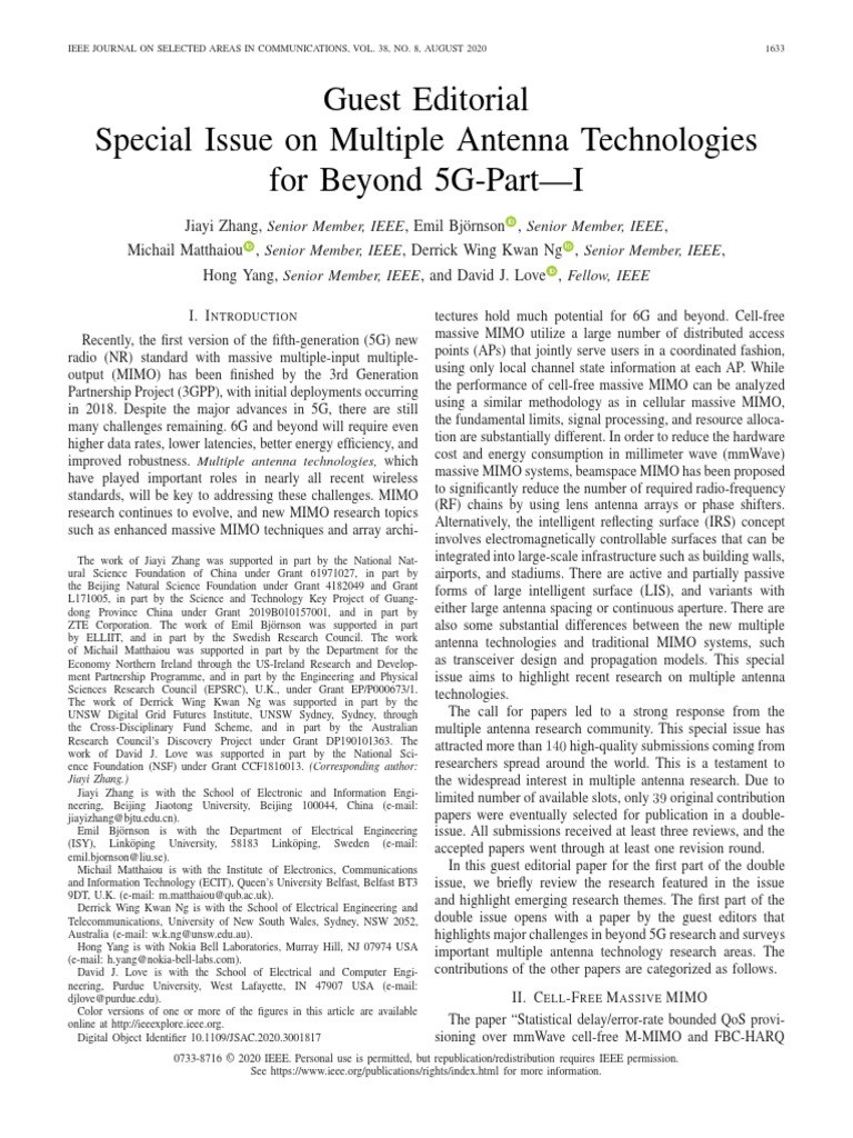 Guest Editorial Special Issue On Multiple Antenna Technologies For Beyond 5G-PartI | PDF | Mimo ...