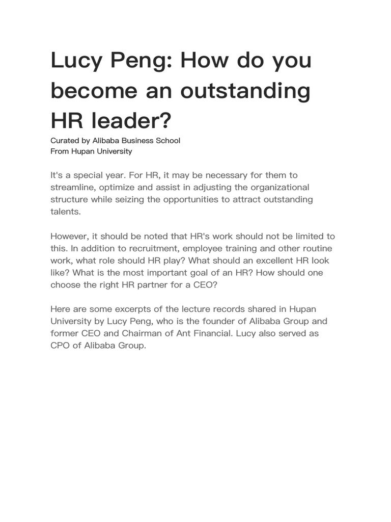 Lucy Peng: How Do You Become An Outstanding HR Leader?: Curated by ...