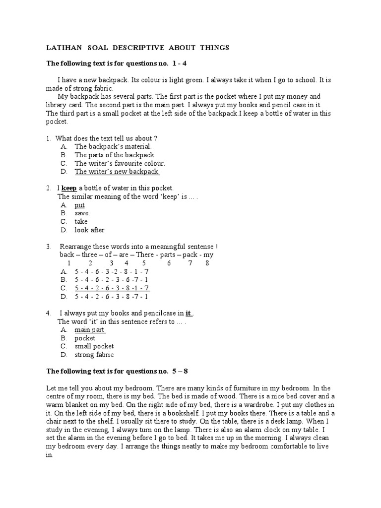 LATIHAN SOAL DESCRIPTIVE ABOUT THINGS - Copy | PDF | Bedroom | Bed