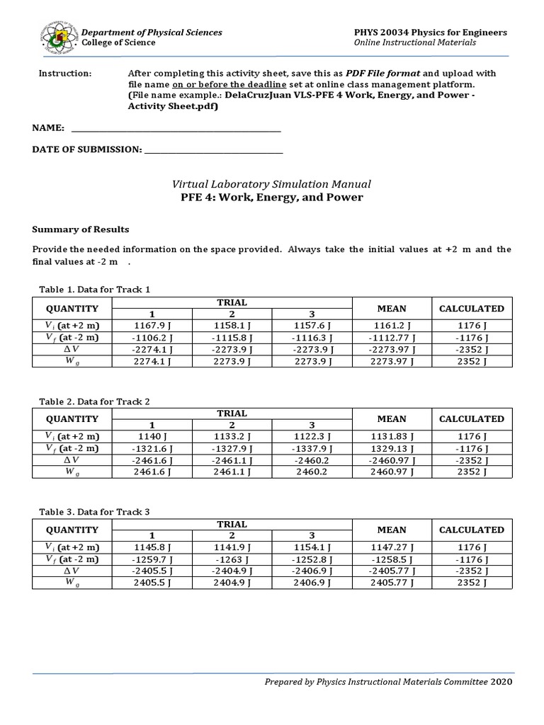 VLS PFE 4 Work Energy and Power Activity Sheet | PDF | Force | Physical ...