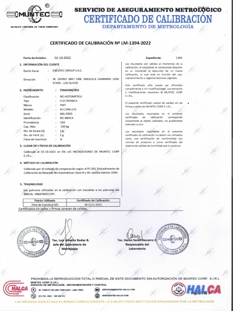 Cert. Lm-1394 Tensiometro - Encotec | PDF