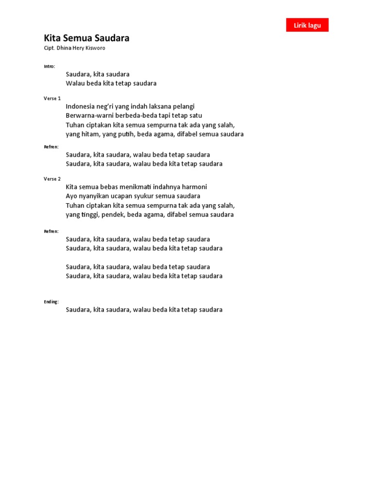 Kita Semua Saudara (Lirik Not Dan Sinopsis Lagu) | PDF