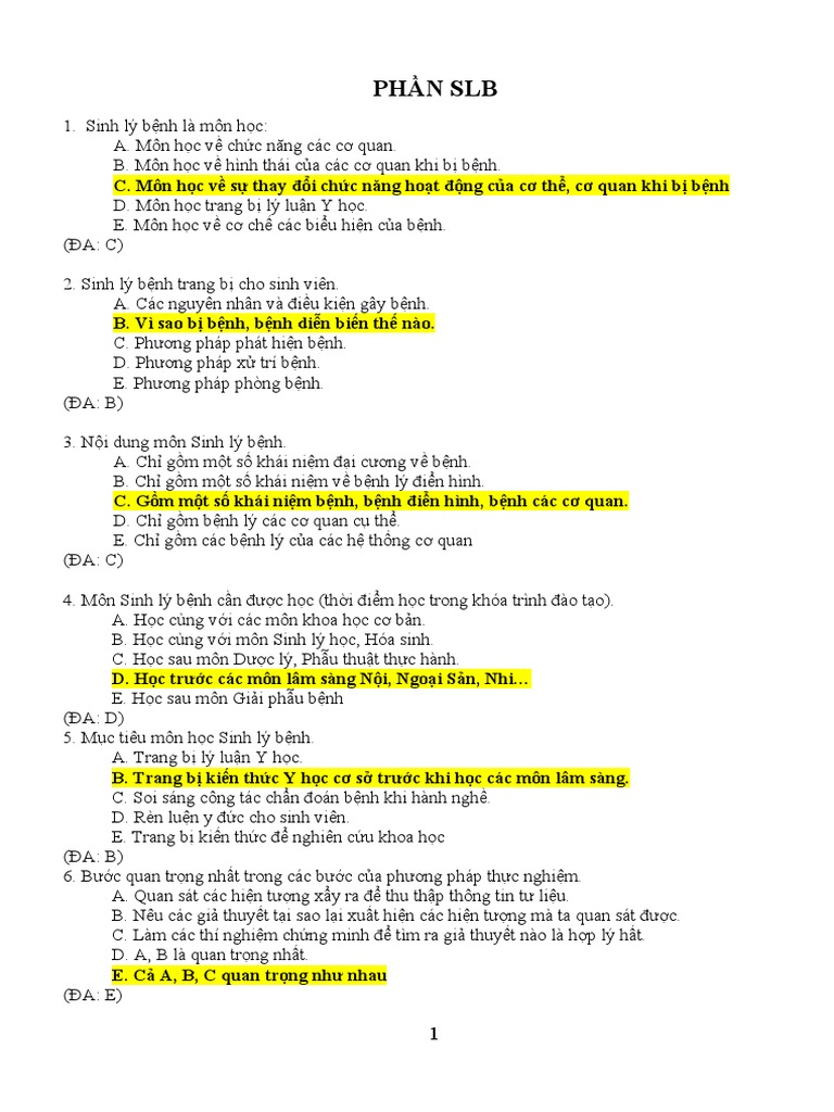 Bộ câu hỏi thi trắc nghiệm SLB | PDF