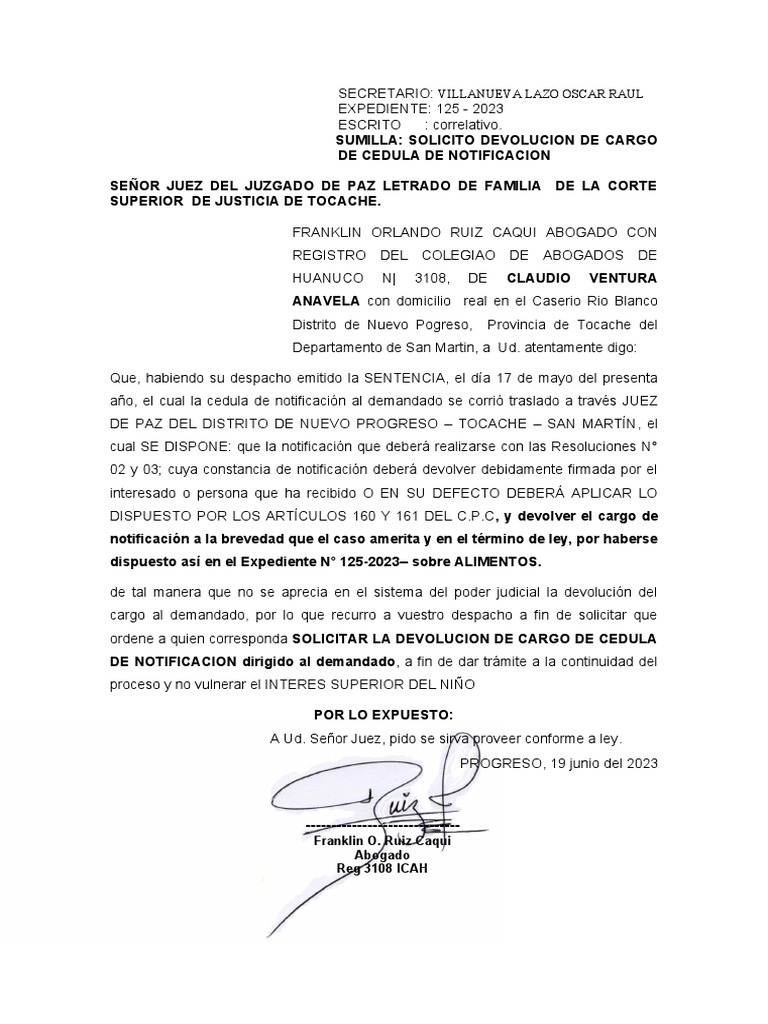 Solicito Devolución de Cedula de Notificación | PDF