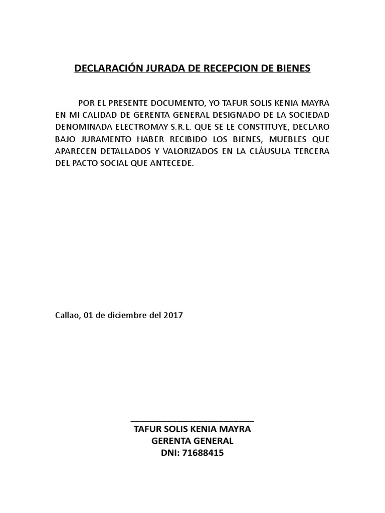 Declaración Jurada de Recepcion de Bienes | PDF