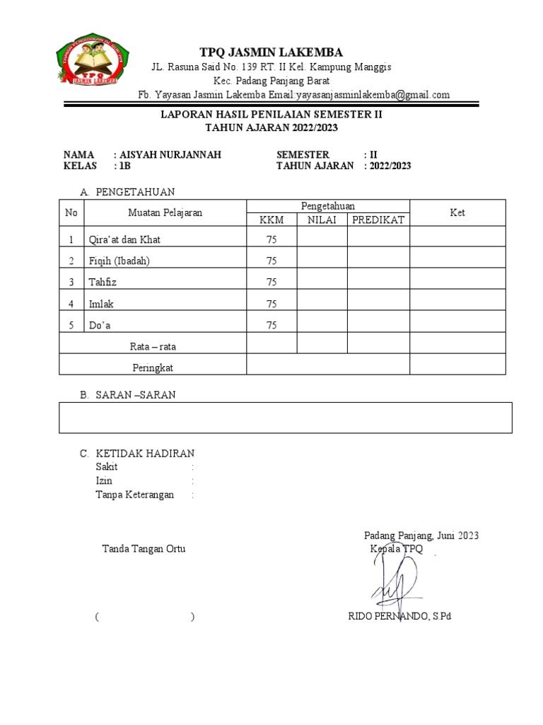Rapor TPQ 1B Semester 2 | PDF