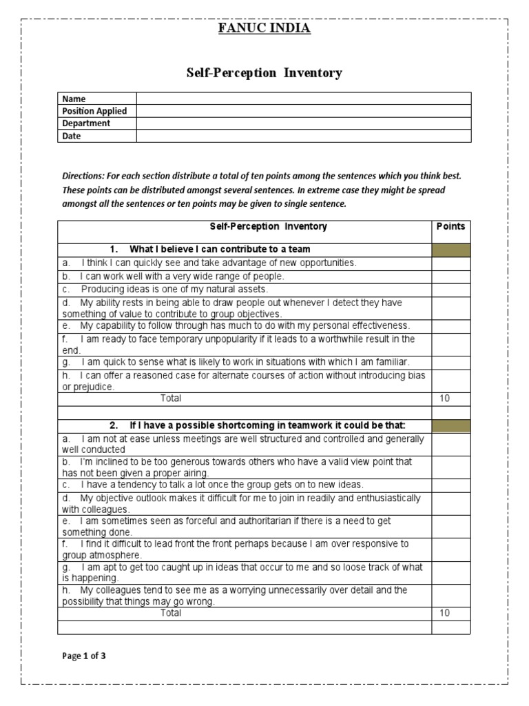 Self-Perception Inventory | PDF | Career & Growth