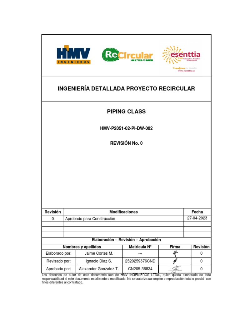 Hmv-P2051-02-Pi-Dw-002-0 Piping Class | PDF | Tubería (transporte de ...