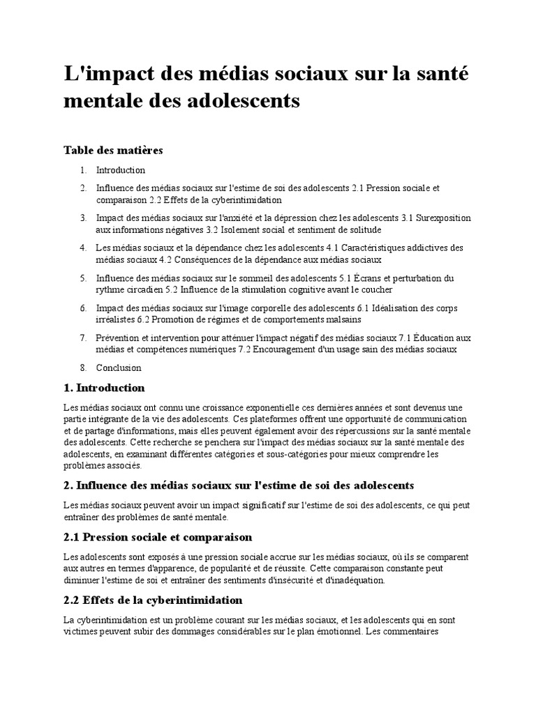 L'impact Des Médias Sociaux Sur La Santé Mentale Des Adolescents | PDF