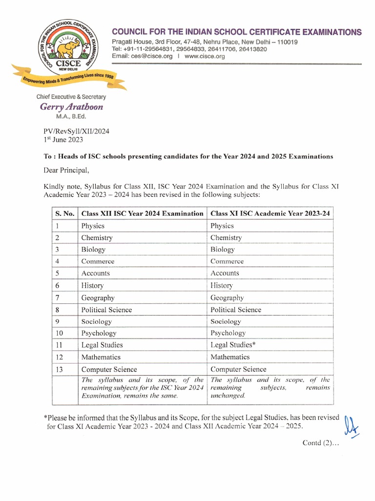 Prescribed Syllabus in Select Subjects For The ISC Year 2024 ...