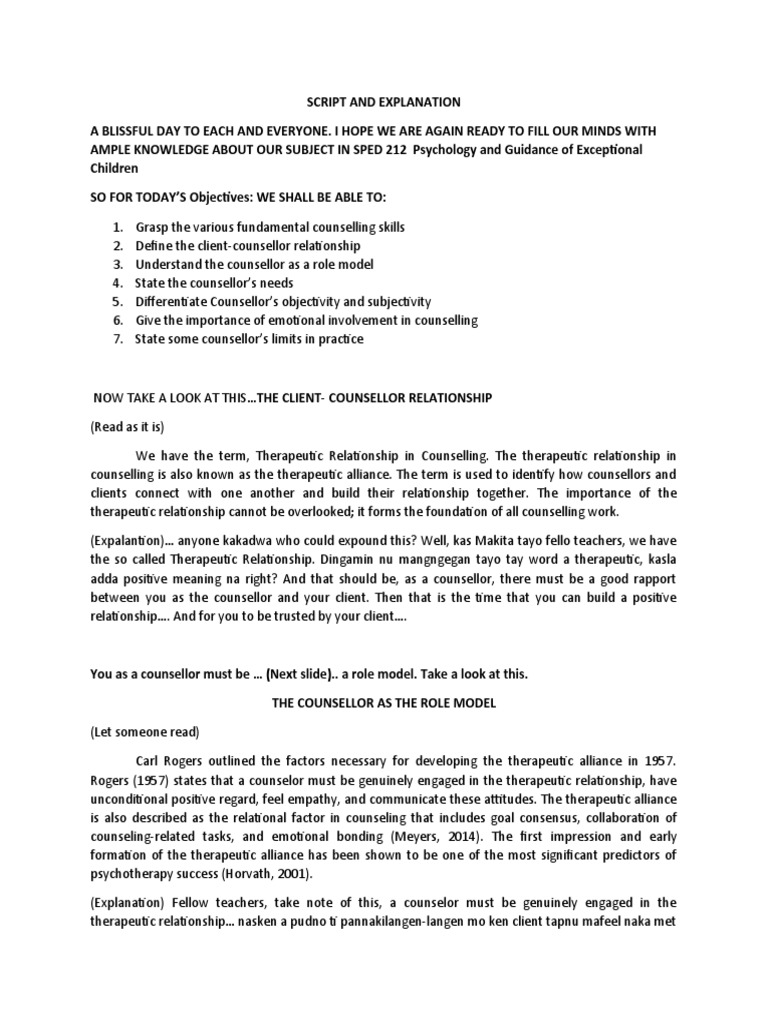 Explanation and Script Mam Joyzel | PDF | Psychotherapy | Empathy
