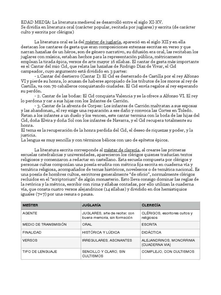 Literatura Medieval: Juglaría y Clerecía | PDF | Literatura española ...