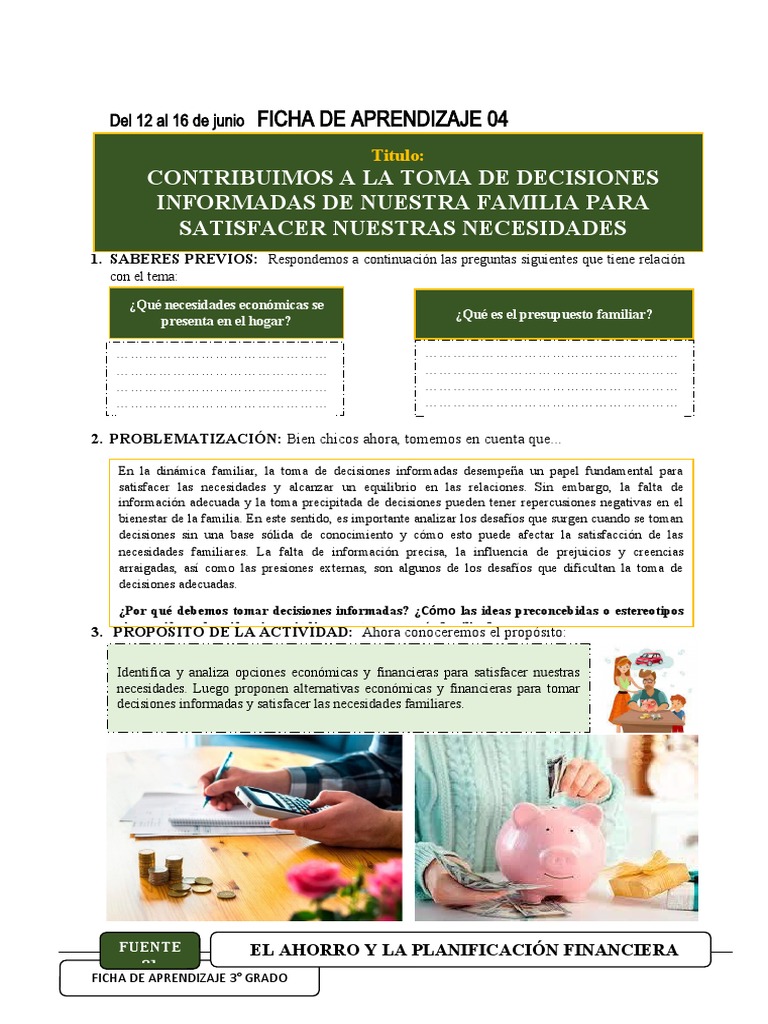 4 Ficha de Aprendizaje CCSS 3° Grado | PDF | Educación financiera | Planificación