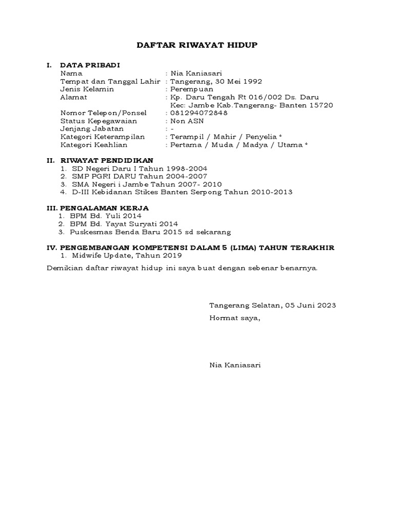 CV Nia Kaniasari | PDF