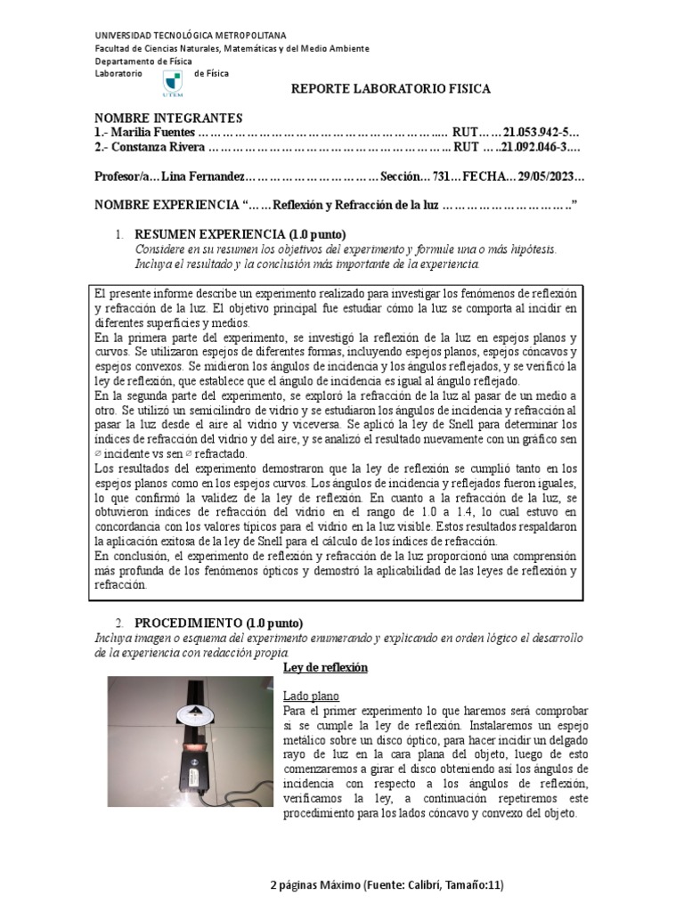 Laboratorio Reporte 6 | PDF | Refracción | Reflexión (Física)