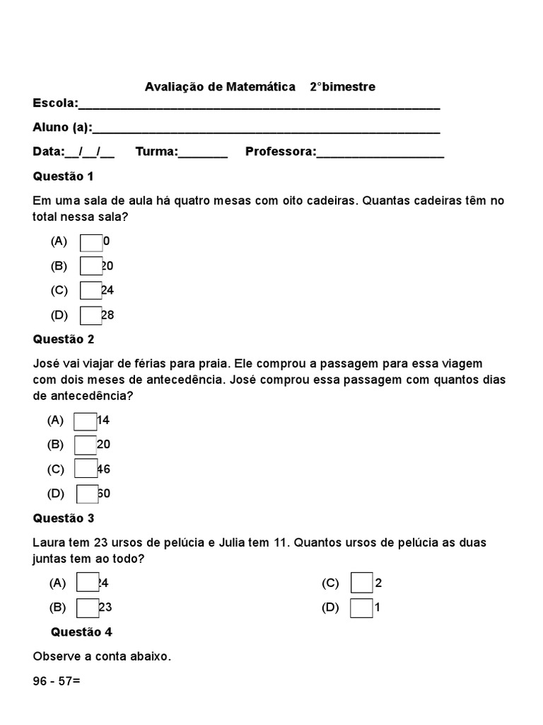 Provas de Matematica 2 Bimestre0.docx - Documentos Google | PDF