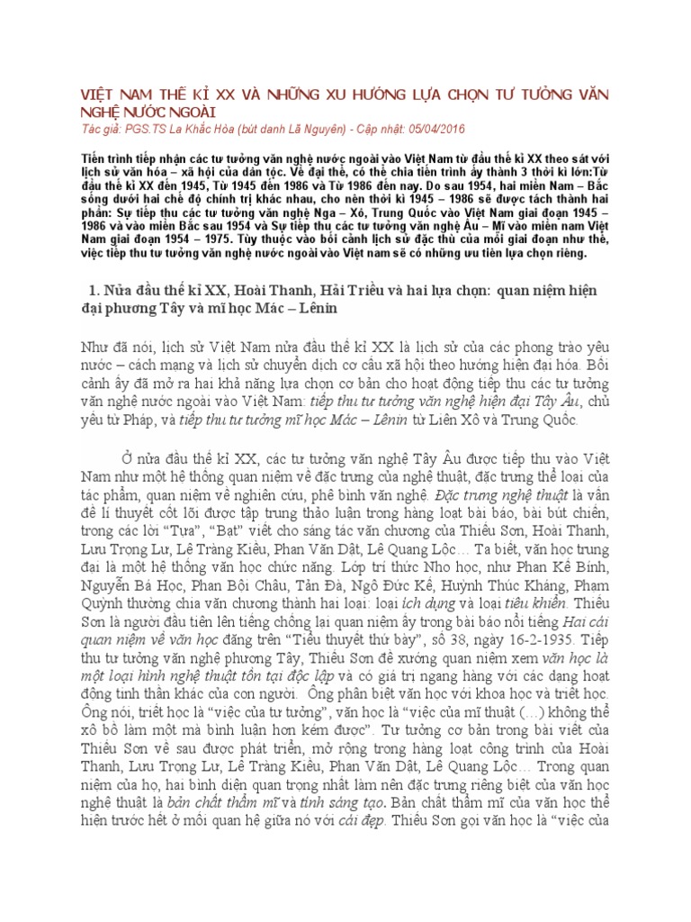 Việt Nam Thế Kỉ XX Và Những Xu Hướng Lựa Chọn Tư Tưởng Văn Nghệ Nước Ngoài | PDF