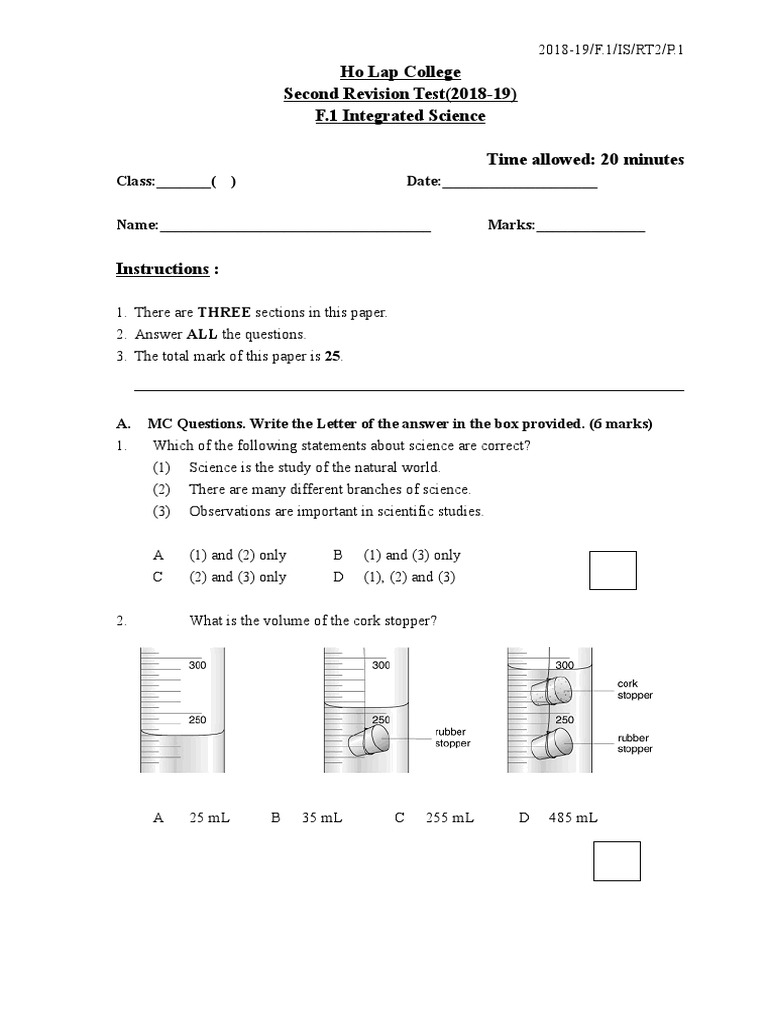 Ho Lap College Second Revision Test (2018-19) F.1 Integrated Science ...