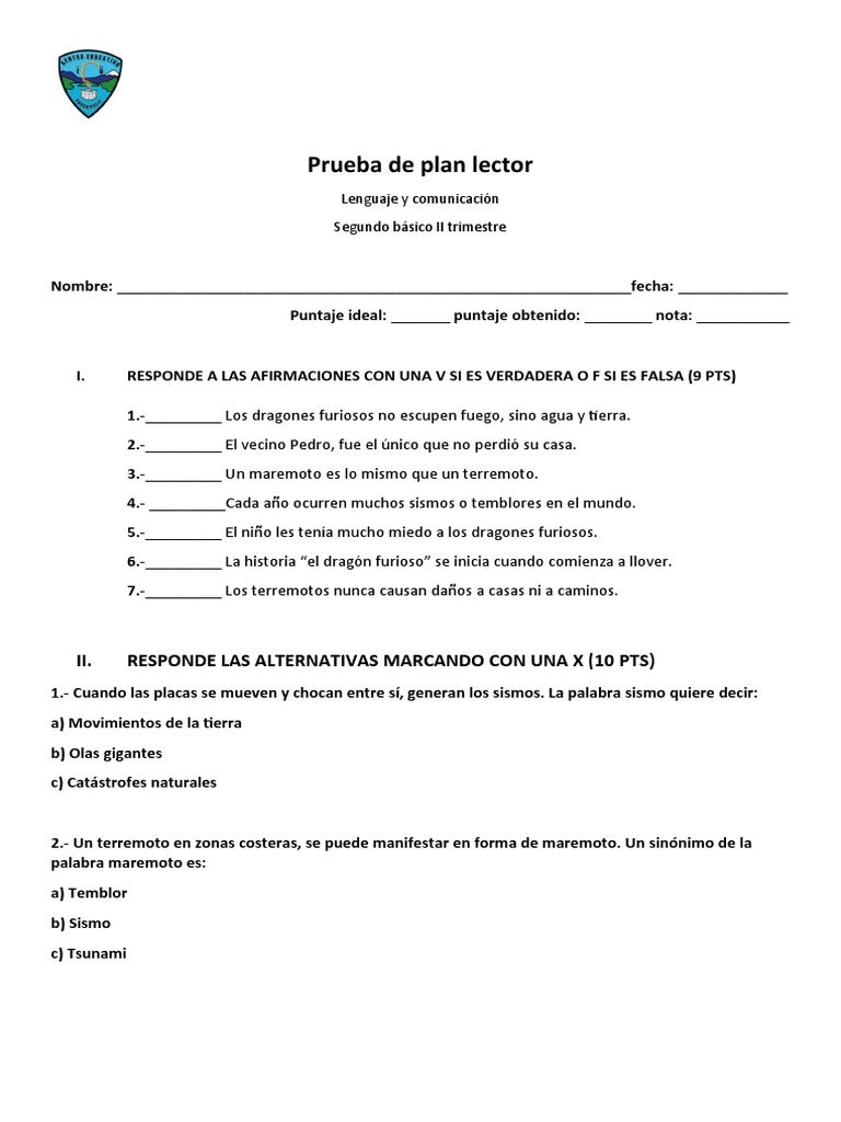 Prueba de Plan Lector | PDF