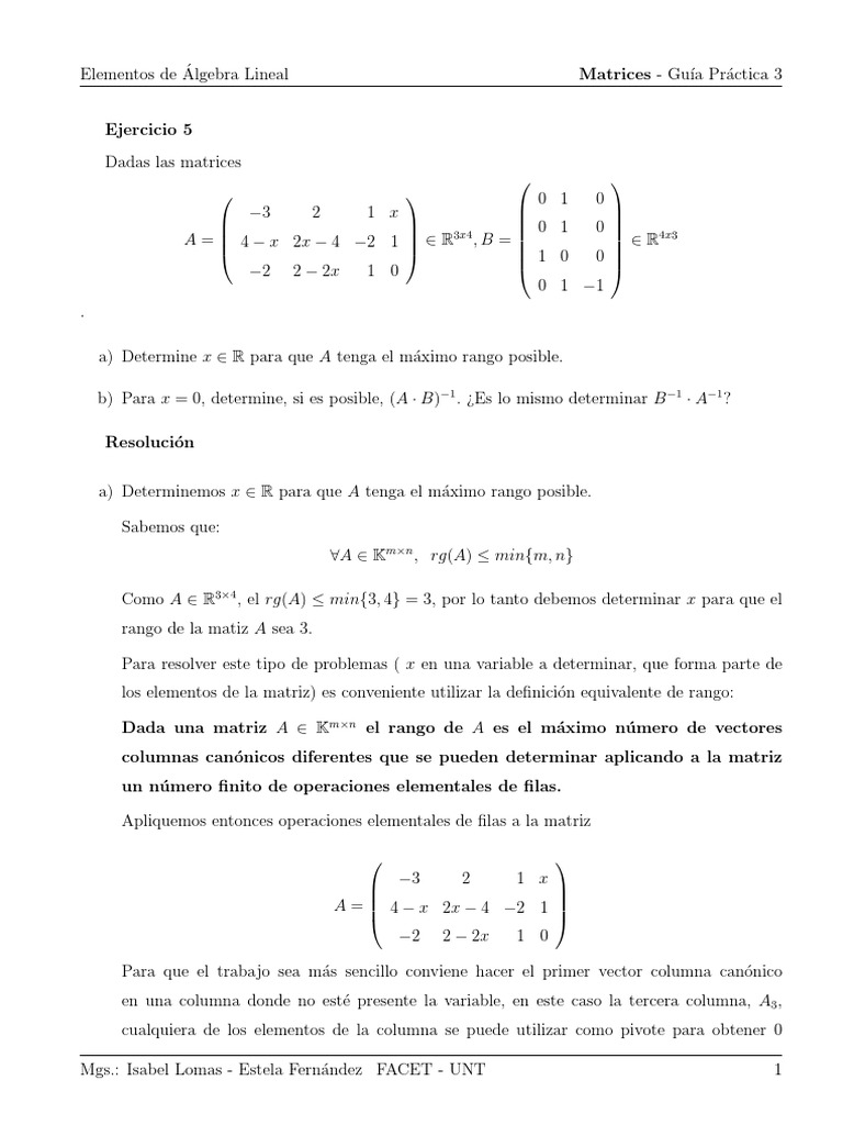 Ejercicio 5 - Guía 3 - Matrices | PDF | Matriz (Matemáticas) | Física Matemática