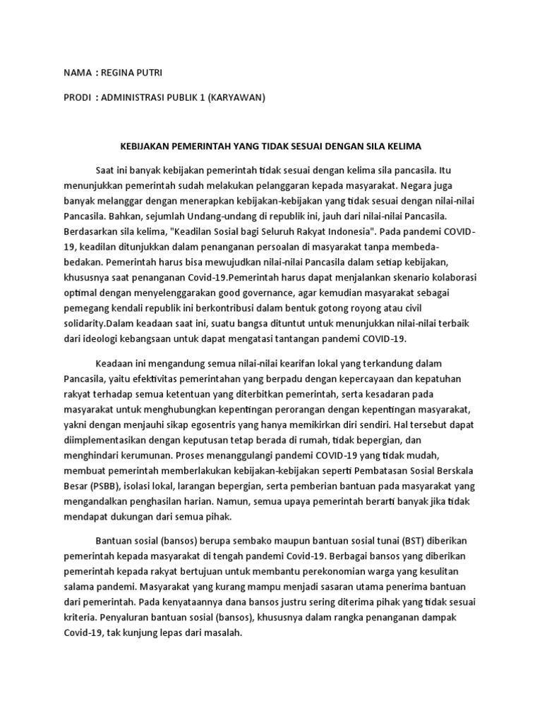 Regina Putri - Kebijakan Pemerintah Yang Tidak Sesuai Dengan Pancasila ...