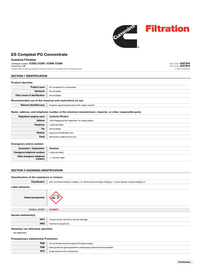 ES Compleat PG Concentrate Safety Data | PDF | Ammonia | Carbon Dioxide