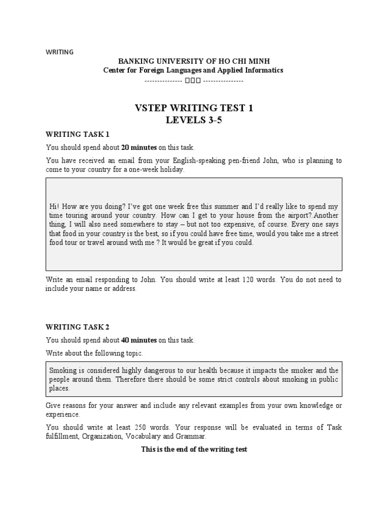 VSTEP Writing Test 1: Tasks & Topics | PDF