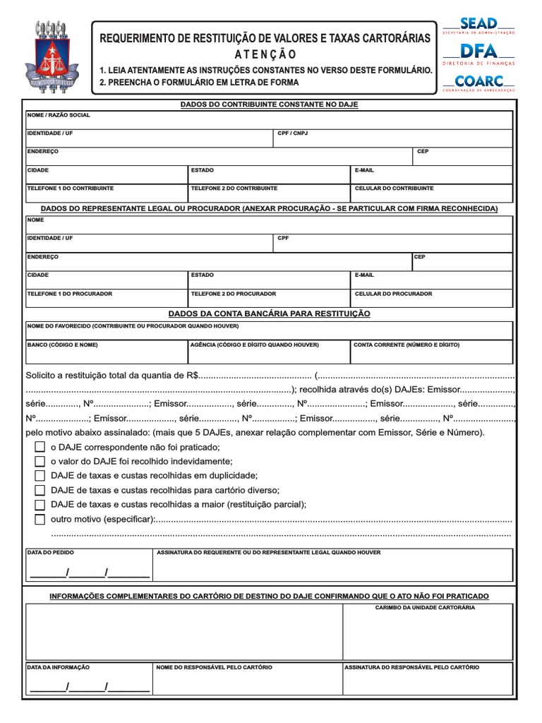 Formulario Requerimento Restituicao Taxas Cartorarias | PDF | Cheque ...