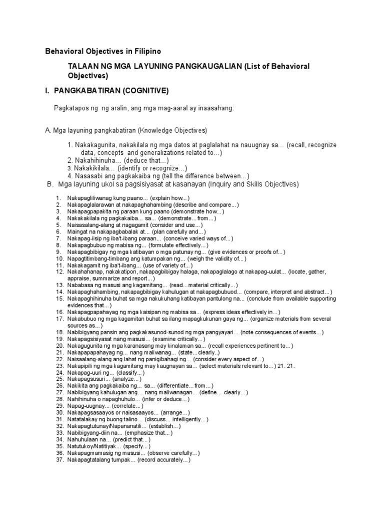 Behavioral Objectives in Filipino With English Translation | PDF
