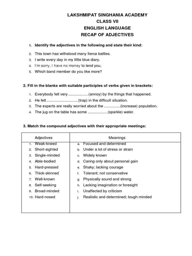7 Adjectives Worksheet | PDF | Adjective | Human Communication