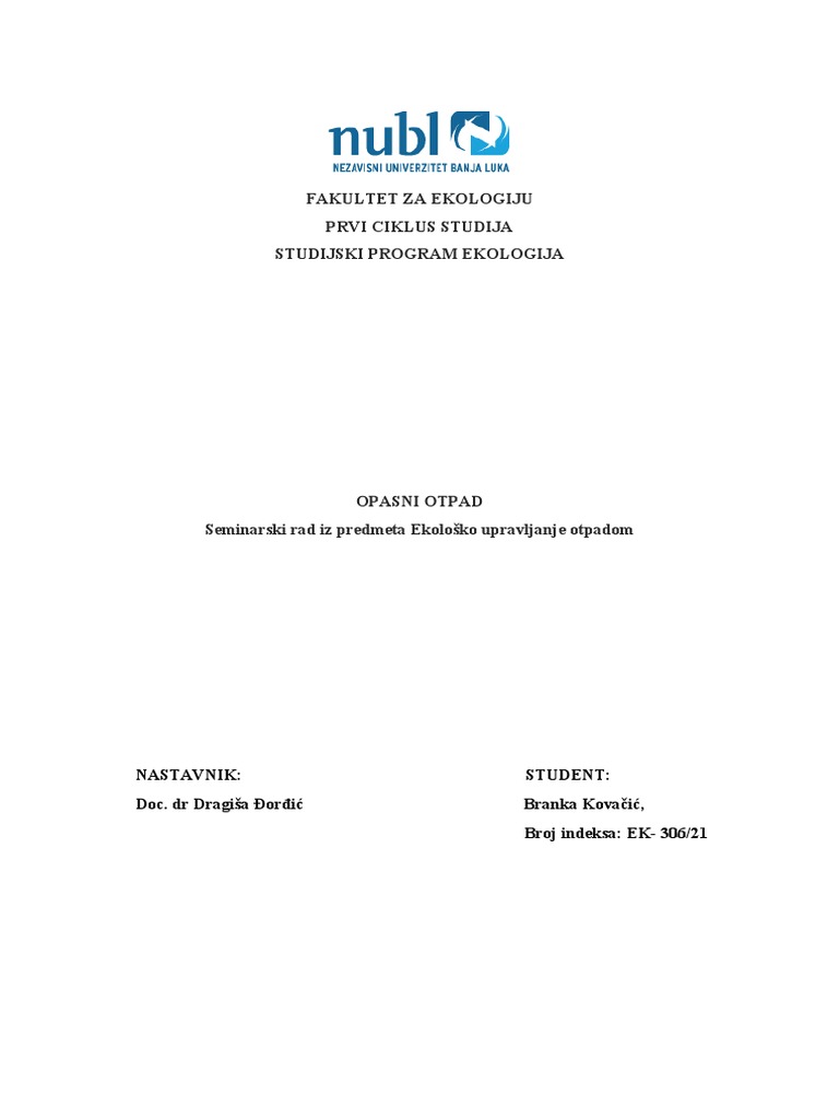 Opasan Otpad Seminarski Rad | PDF