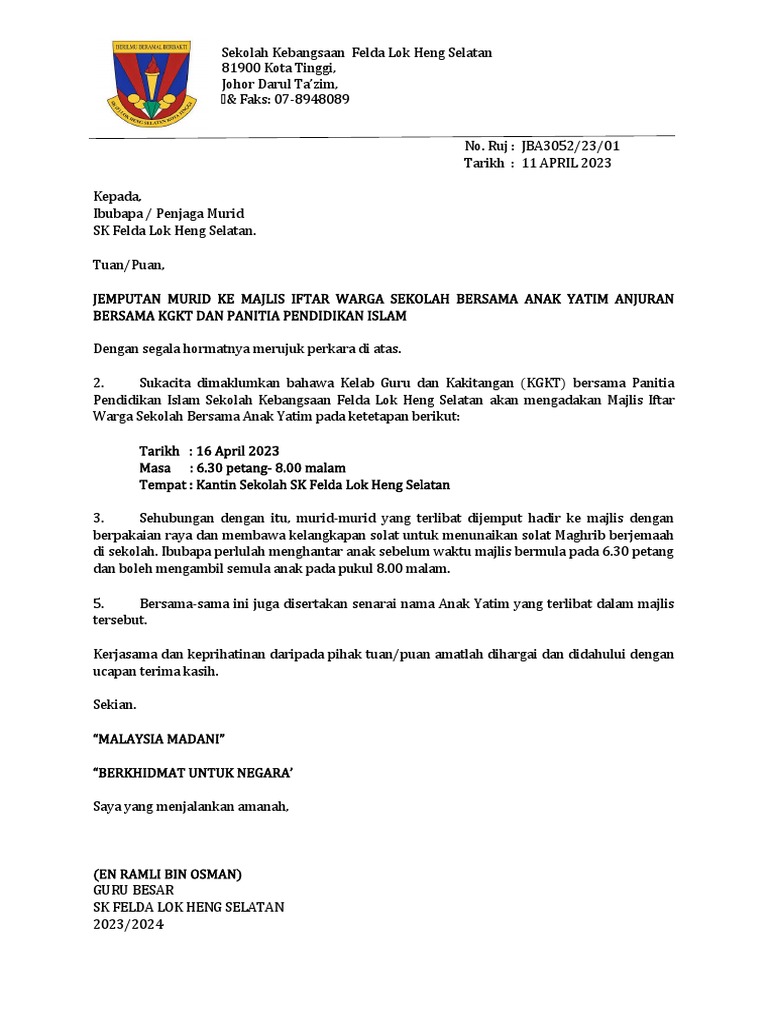 Surat Jemputan Iftar Anak Yatim Bersama Warga Sekolah | PDF