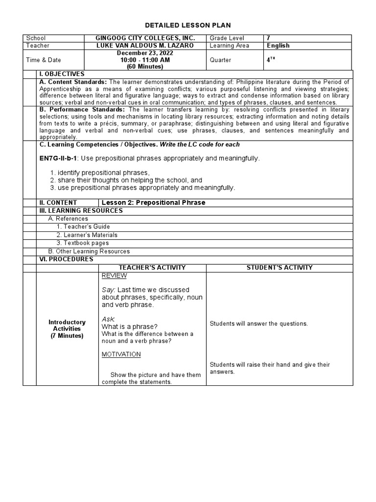 DETAILED LESSON PLAN Prep 1 | PDF