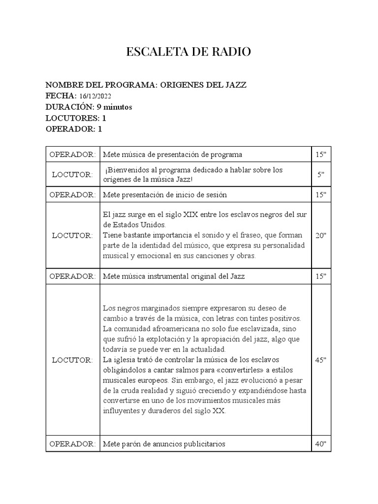 Escaleta de Radio | PDF | Jazz | Entretenimiento