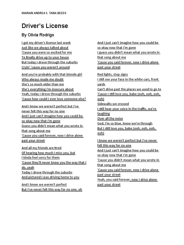 Olivia Rodrigo's "Driver's License" Lyrics | PDF