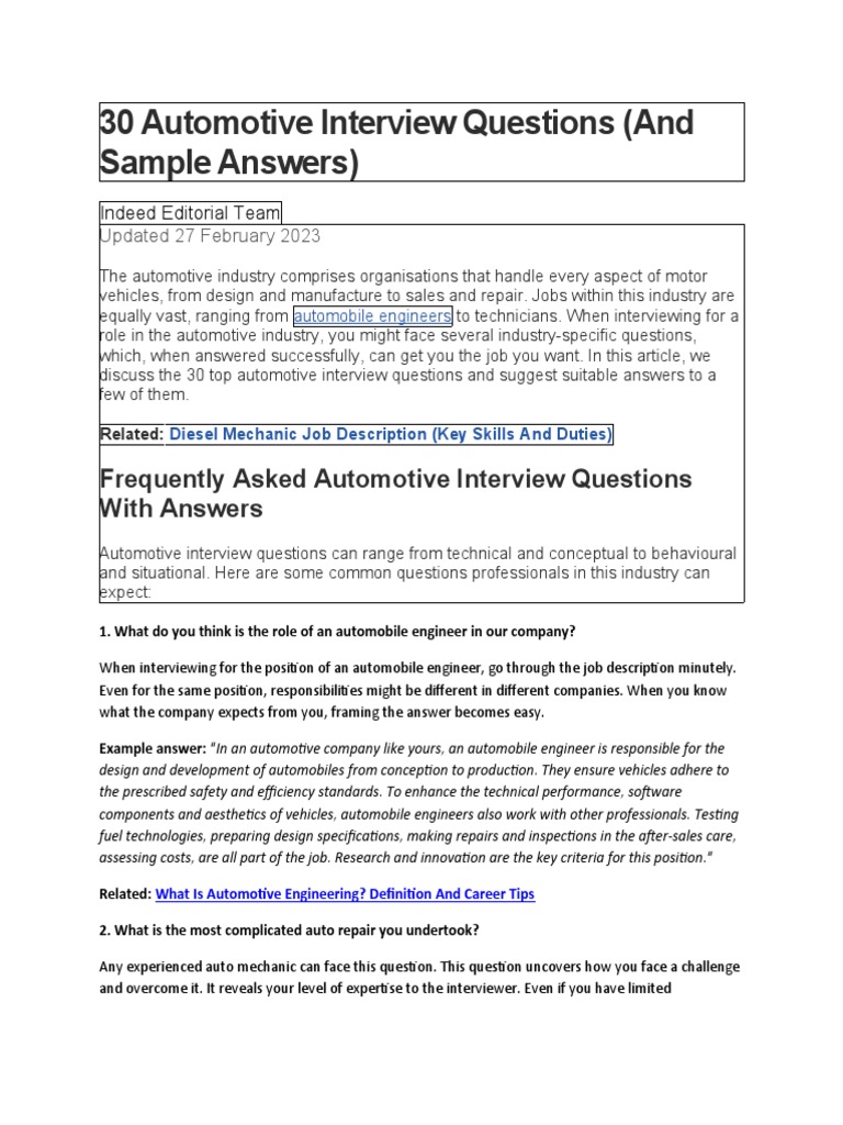 30 Automotive Interview Questions | PDF | Car | Engines