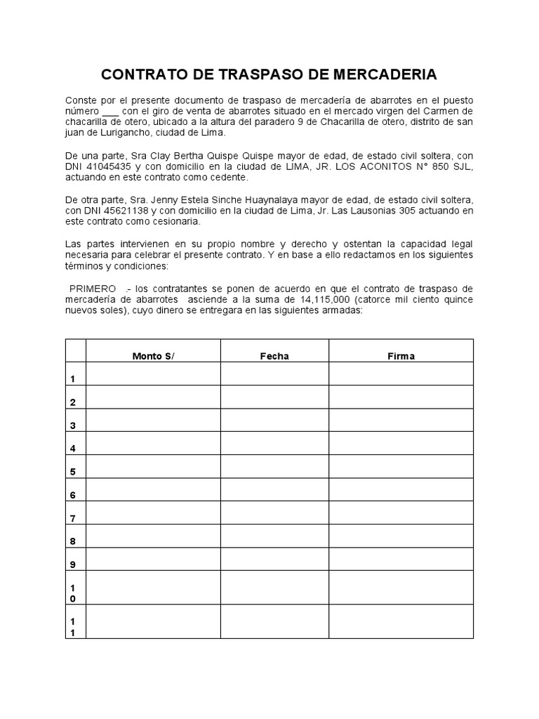 Modelo de Contrato de Traspaso de Negocio | PDF