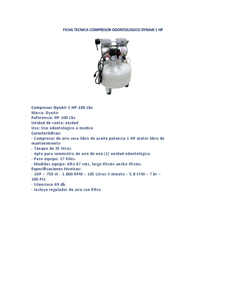 Ficha Tecnica Compresor Odontologico Dynair 1 HP | PDF