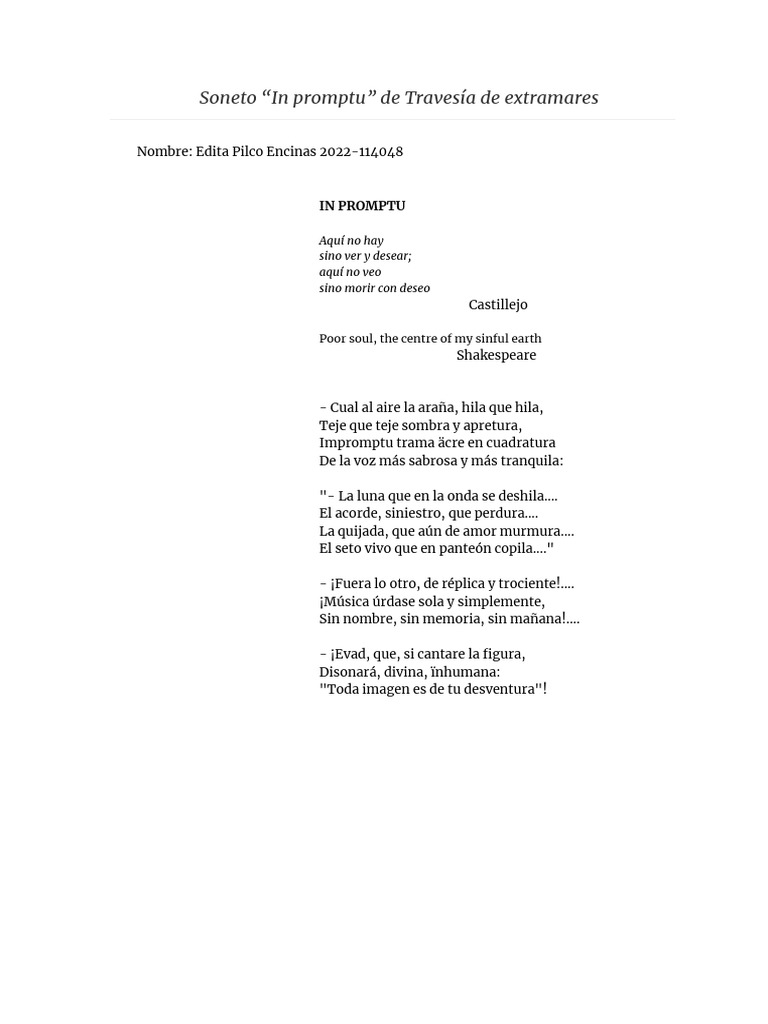 Soneto de "In promptu" de travesía de extramares | PDF