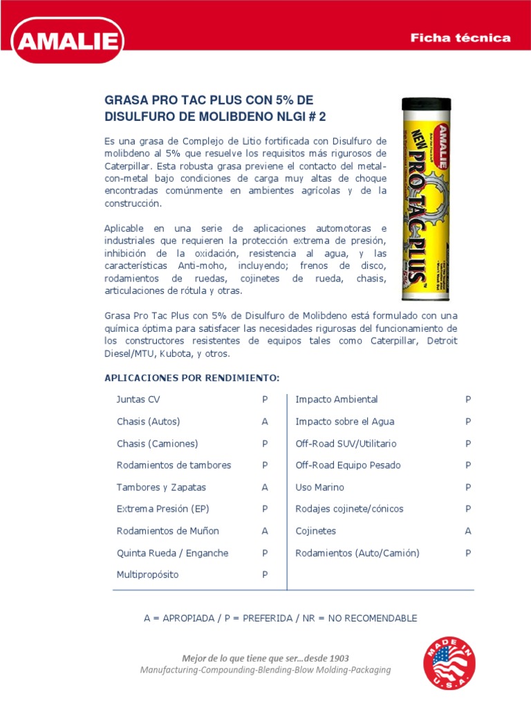 Amalie Pro Tac Plus Grease Whit 5 Moly | PDF | Rodamiento (Mecánico) | Física Aplicada e ...