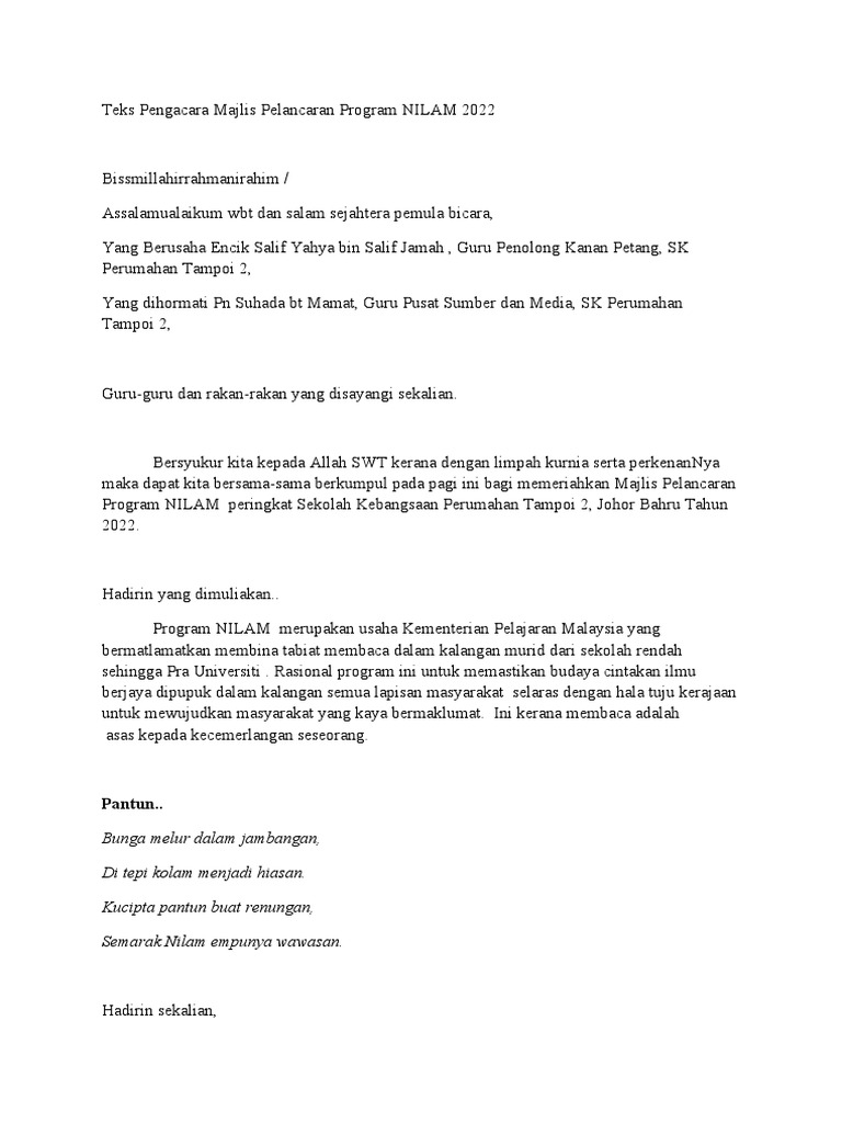 Teks pengacara majlis pelancaran Program NILAM 2022 - Petang | PDF