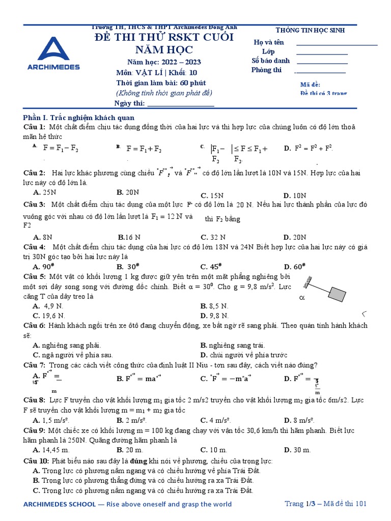 Adas.h Đề Thi Thử Rskt k10 Vatli Đề 101 | PDF