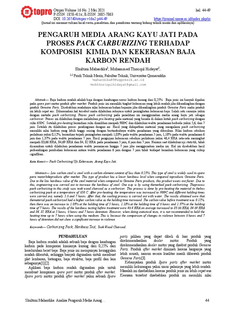 Pengaruh Media Arang Kayu Jati Pada Proses Pack Carburizing | PDF