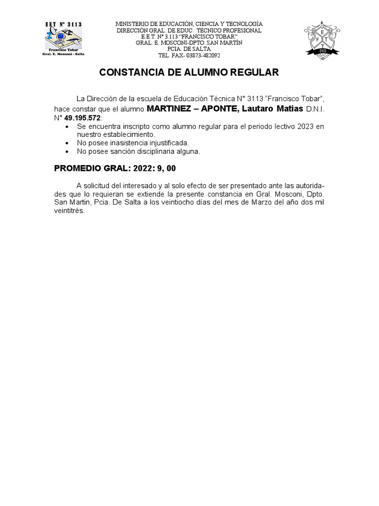 Constancia Alumno Regular | PDF