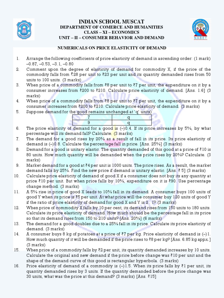 Class - Xi - Microeconomics - Numericals On Price Elasticity of Demand | PDF