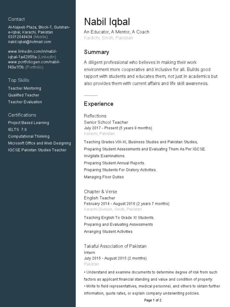 Nabil Iqbal CV | PDF | Teachers | Pakistan