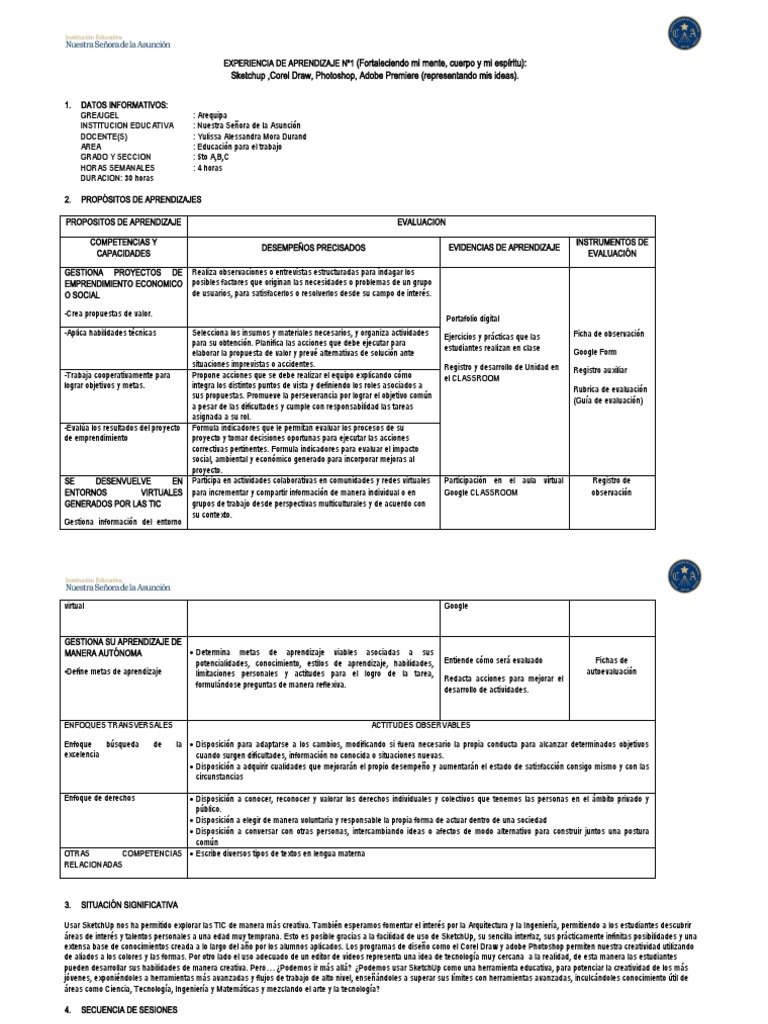 Experiencia de Aprendizaje 1 Diseño 5to | PDF
