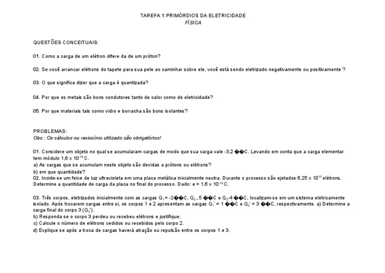 Tarefa1 - Primórdios Da Eletricidade | PDF | Ciências e Matemática